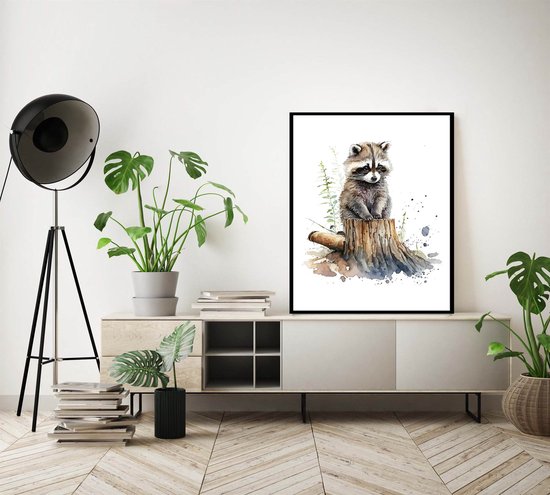 Postercity - Poster Aquarel Baby Wasbeer op Boomstronk - Waterverf ...