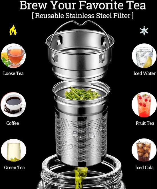 Dubbelwandige glazen theefles met 2-in-1 roestvrijstalen zeef om mee te ...