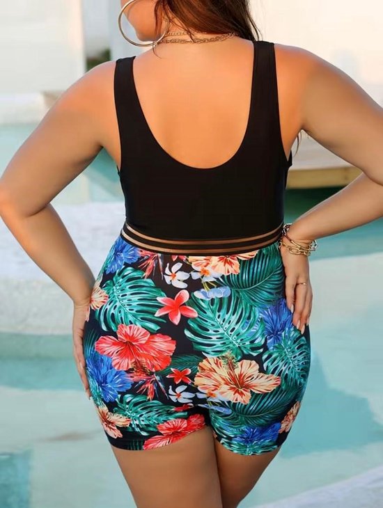 Sexy Badpak Corrigerend Plus Size Tropische Print V Hals Zwempak
