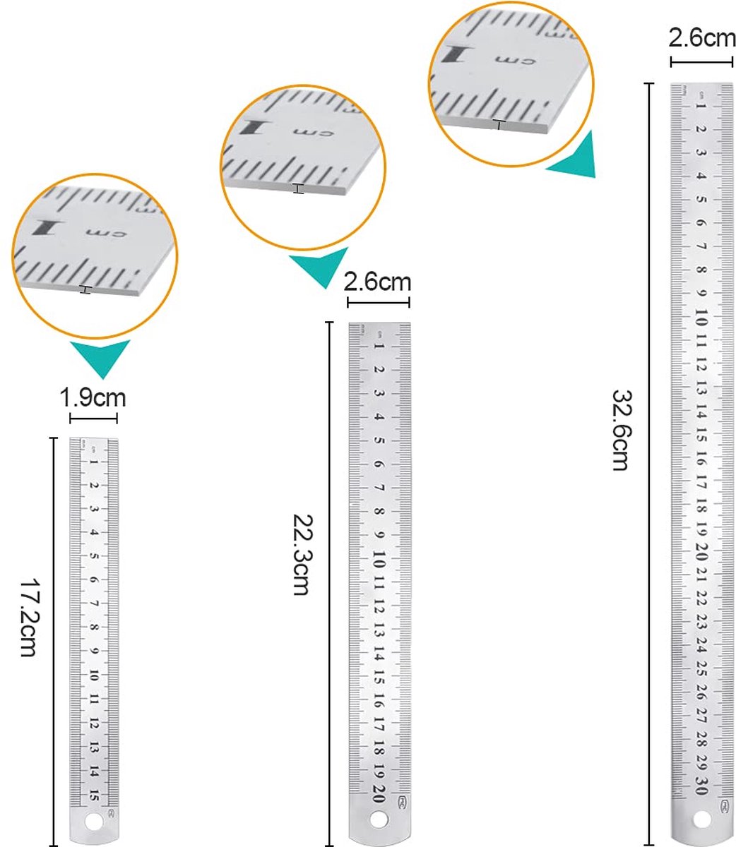 9 stuks roestvrij stalen linialen, 15 cm, 20 cm, 30 cm, stalen liniaal ...