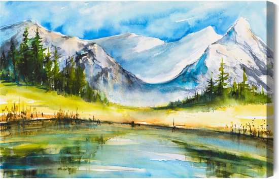 Schilderijkoning - Canvas Schilderij Berglandschap Geschilderd Met Waterverf - 120 x 80 cm | bol