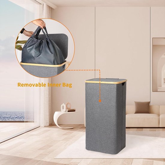 Wasmand met deksel, grijs, 100 liter, uitneembare waszak, wasverzamelaar, smal met... | bol