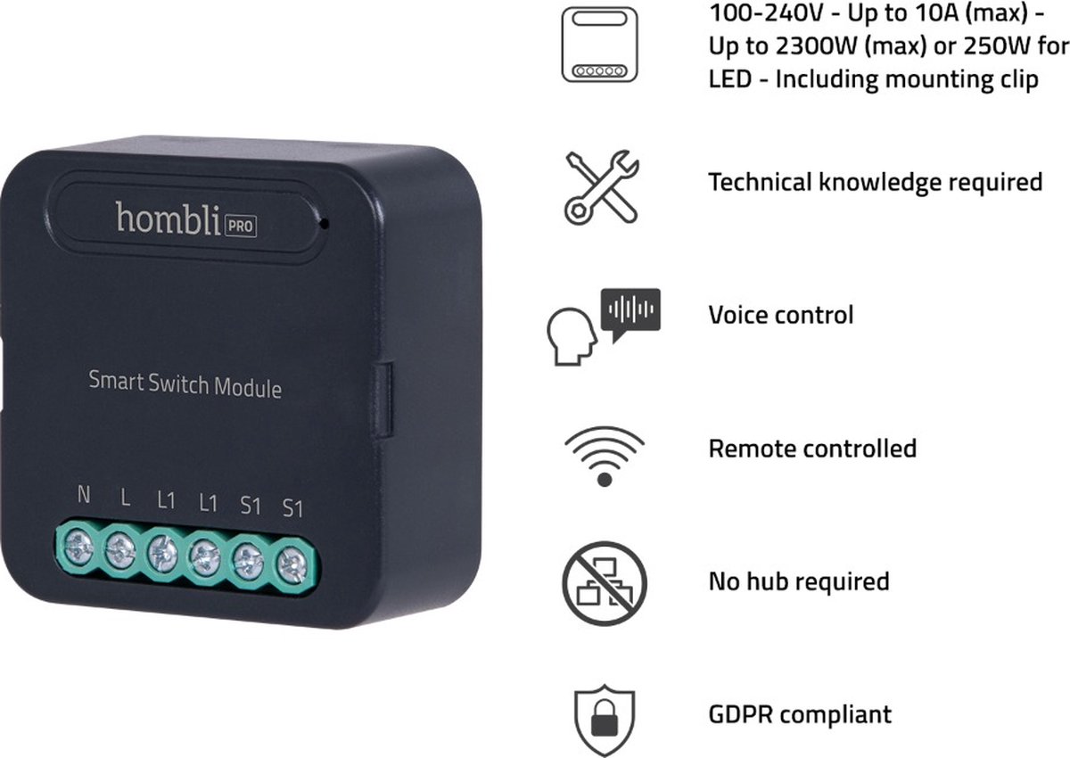 Hombli Smart Switch Module | Retrofit Wifi schakelaar voor enkele ...
