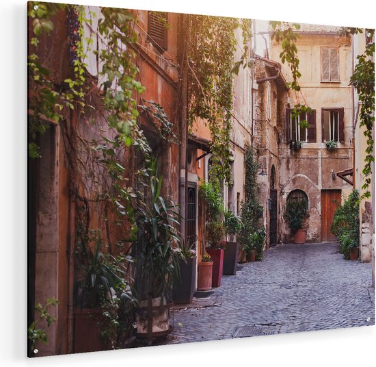 Artaza Glasschilderij - Straatje in Rome met Groene Planten - 100x80 - Groot -... | bol