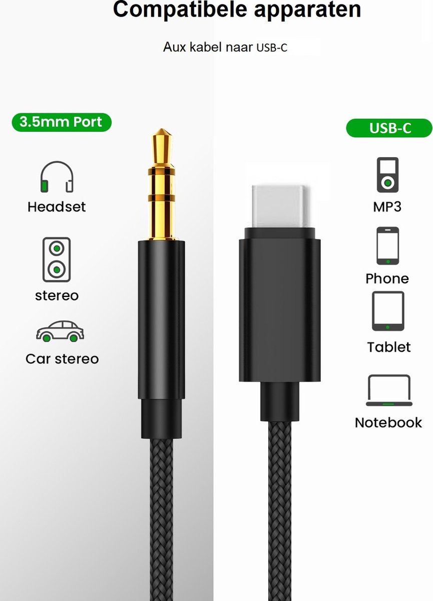 Aux Kabel USB C Auto - USB C naar Headphone Jack Audio Aux Kabel - 3,5 ...