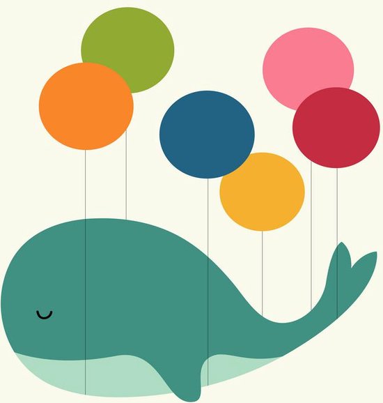 JUNIQE - Kinder canvas Schattige walvis en ballon illustratie -30x45 | bol
