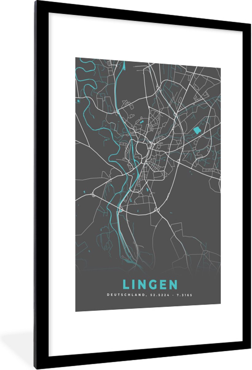 Poster met lijst Stadskaart – Kaart – Lingen – Blauw – Duitsland ...