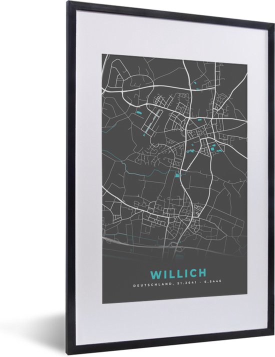 Poster met lijst Stadskaart – Kaart – Willich – Blauw – Duitsland ...