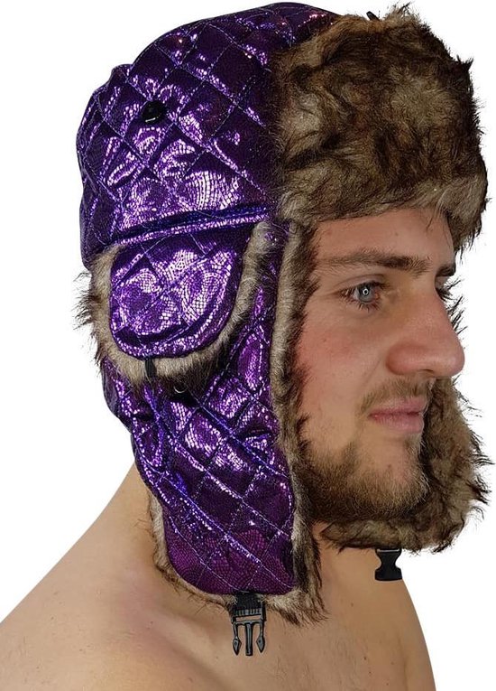 Metallic pilotenmuts met bont, paars. | bol