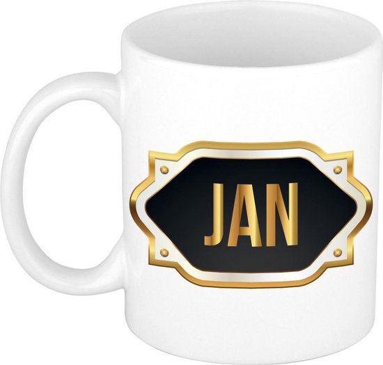 Jan naam cadeau mok / beker met gouden embleem - kado verjaardag ...