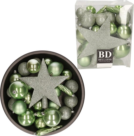 33x Boules de Noël en plastique vert sauge 5-6-8 cm - Mix - Boules de ...