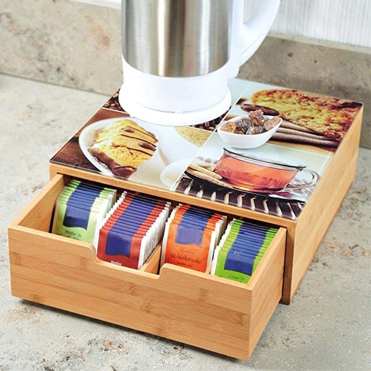 Bamboo Koffie en Thee kastje met decoratieve glasplaat - Thee box ...