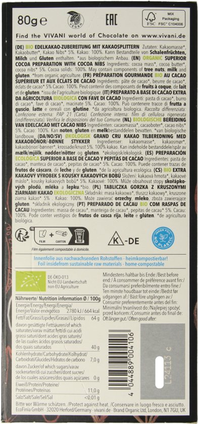 Vivani Chocoladereep Puur 100+ % Cacao 80 gr | bol