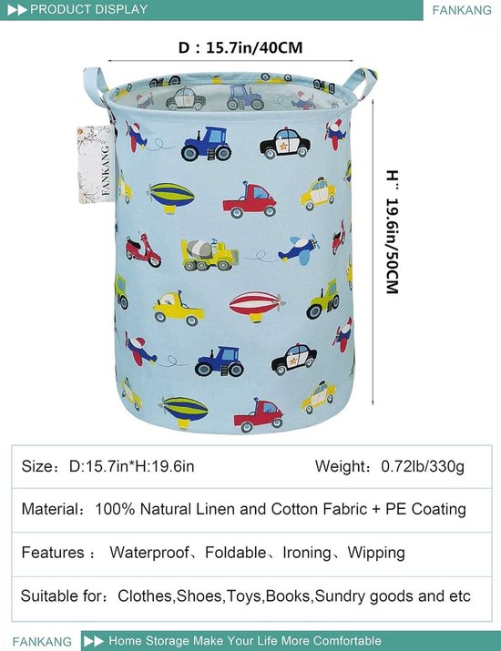 Opvouwbare canvas Wasmand - Grote opbergbak voor kinderkamer met auto ...