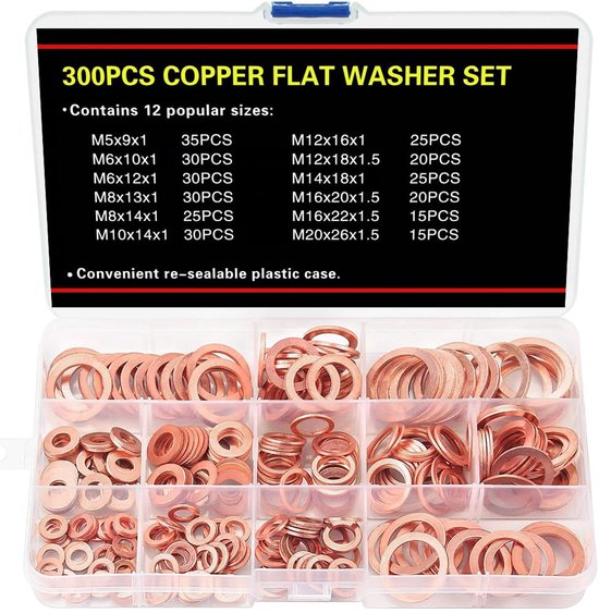 TRANKIELO® - Set van 300 Koperen Sluitringen - Assortiment in 12 Maten ...