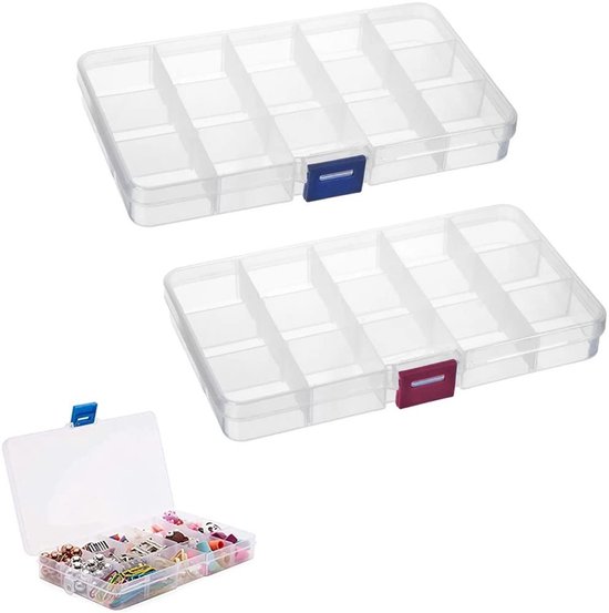 Sieradendoosjes, 2 stuks, plastic sorteerdoos met 15 vakken | bol