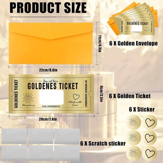 6-pack gouden ticket - kraskaart met envelop - gepersonaliseerde gouden ...