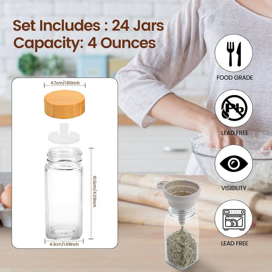 Kruidenpotjes, vierkant, set van 24 x 120 ml, met bamboedeksel, kruidenpotjes met 246... | bol