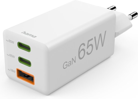 Hama 65W Snellader - 2x USB-C en 1x USB-A aansluiting - 65 watt GaN ...