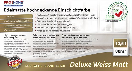 Verf voor binnen PROFHOME Deluxe Weiss Matt muur- en plafondverf wit ...