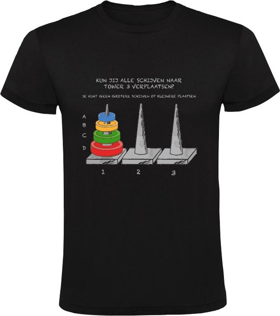 Kun jij alle schijven naar tower 3 verplaatsen? Heren T-shirt | raadsel ...