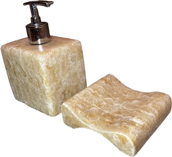Zeepdispenser set - Zeeppompje set van wit natuursteen - Zeephouder - 2 ...