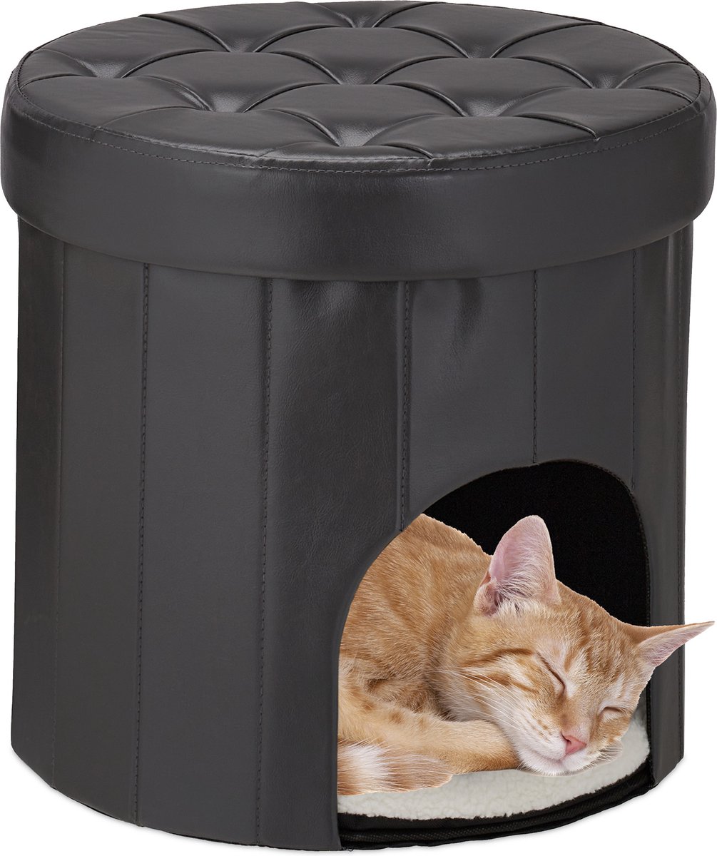 Relaxdays kattenmand poef - kattenhuis nepleer - overdekte kattenmand ...