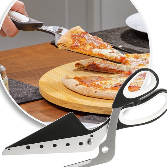 pizzaschaar met serveerblad, pizzasnijder met roestvrijstalen messen en ...