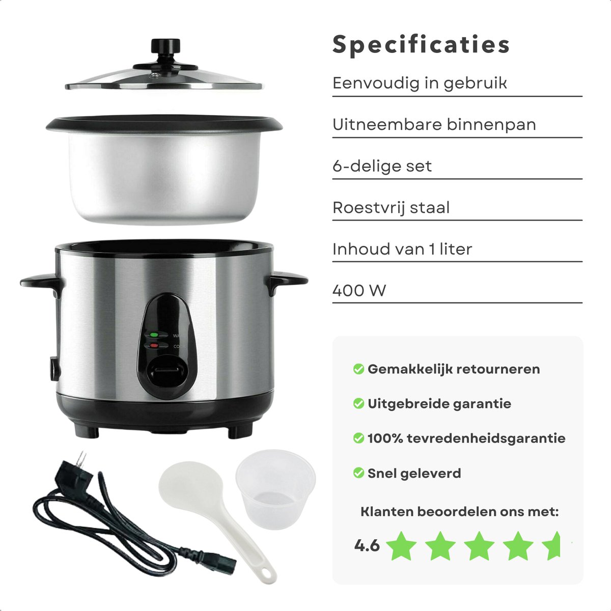 Cheqo® Rijstkoker 400W - RVS - 1L - Aluminium Binnenpan ...
