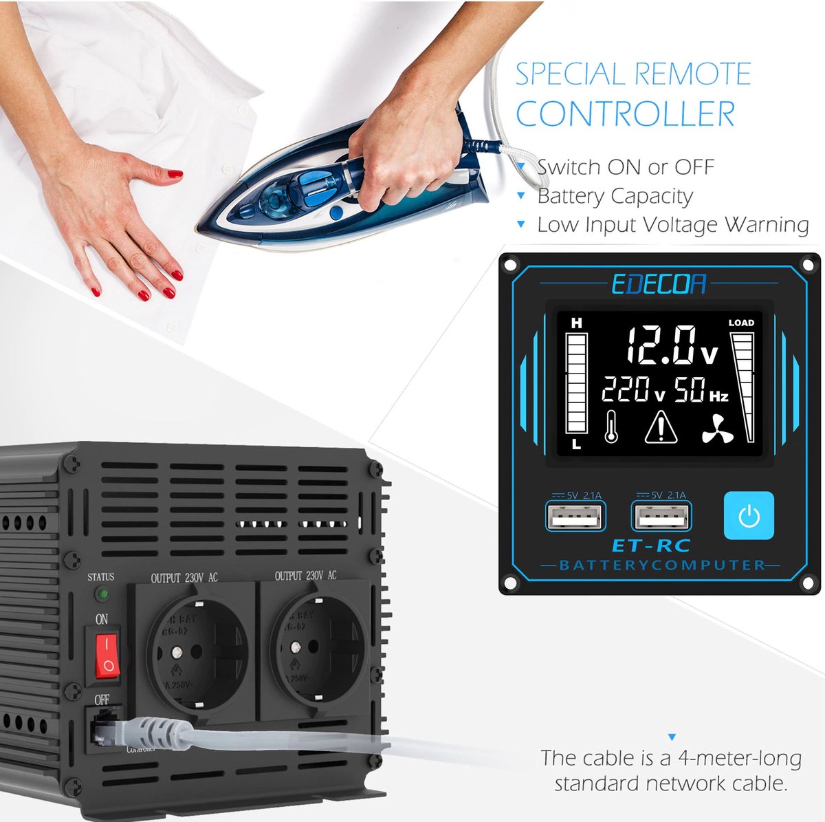 Edecoa 12V-230V Zuivere Sinus Omvormer - 2500W/5000W + nieuwe LCD ...