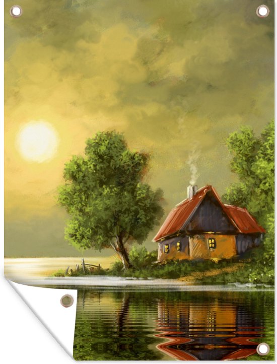 Tuinposter - Tuindoek - Tuinposters buiten - Schilderij - Olieverf - Huis - Natuur - Water ...