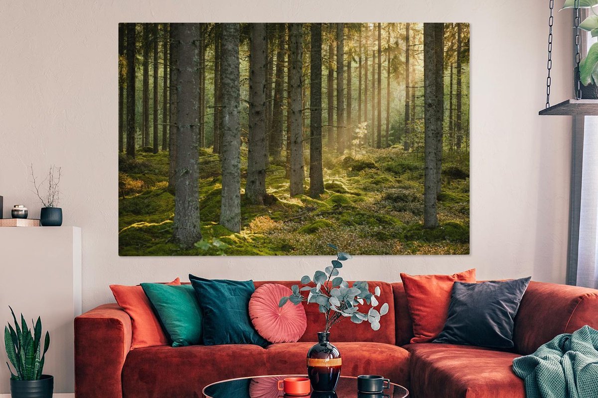 Canvas Schilderij Bos - Boom - Zon - 150x100 cm - Wanddecoratie | bol.com