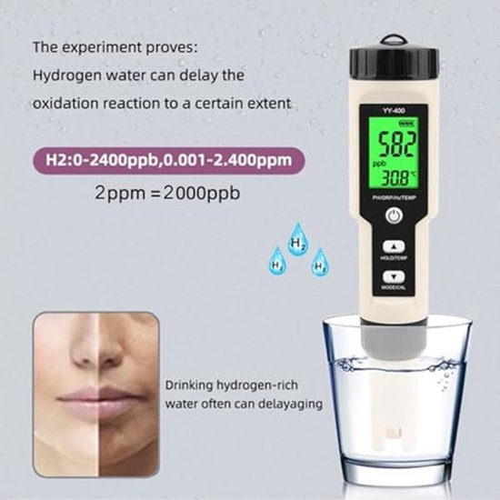 YY-400 4 in 1 Waterkwaliteit Tester - pH, ORP, H2 en Temperatuur | bol