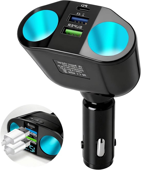 Auto-oplader met 5-in-1 verdeler en LED-voltmeter voor auto, SUV en ...