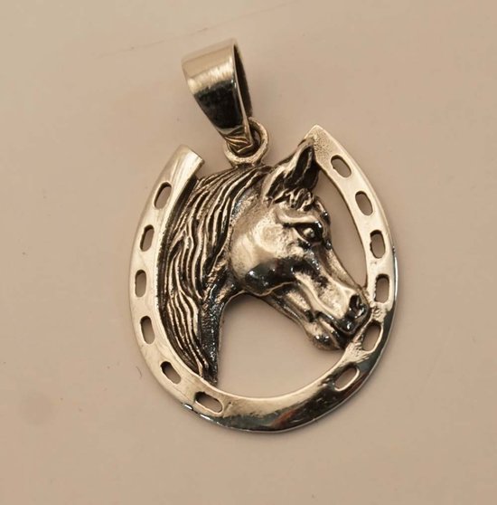 Sterling zilveren hanger paard met lange manen in hoefijzer - 925 ...