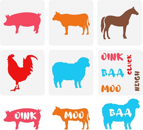 6 Delige Boerderijdieren Stencil Set - Koe, Varken, Paard & Kip ...