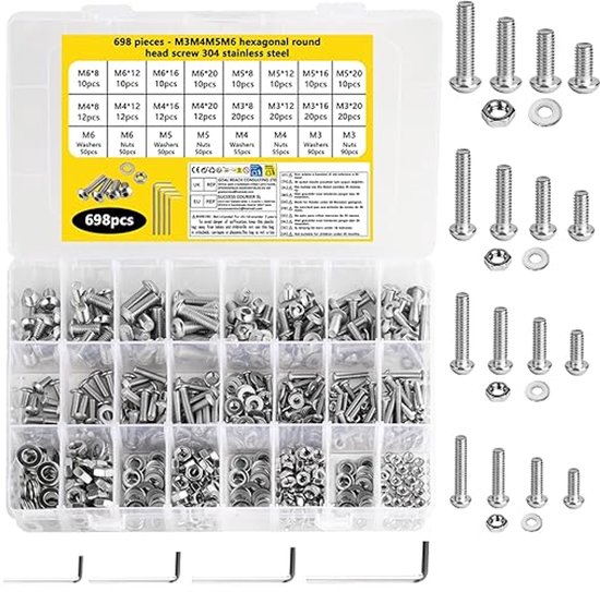 698 Stuks M3 M4 M5 M6 Schroeven Set, RVS Verzonken Kop Inbusschroeven ...