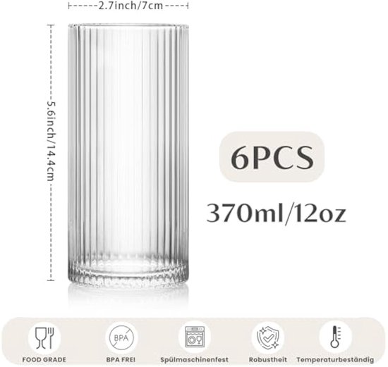 Geribbelde Longdrinkglazen – Voor Whisky, Bier en Cocktails – Set van 6 ...