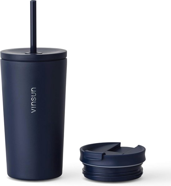 RVS Thermosbeker met Rietje en Deksels - 480 ml Dubbelwandig en Lekvrij ...