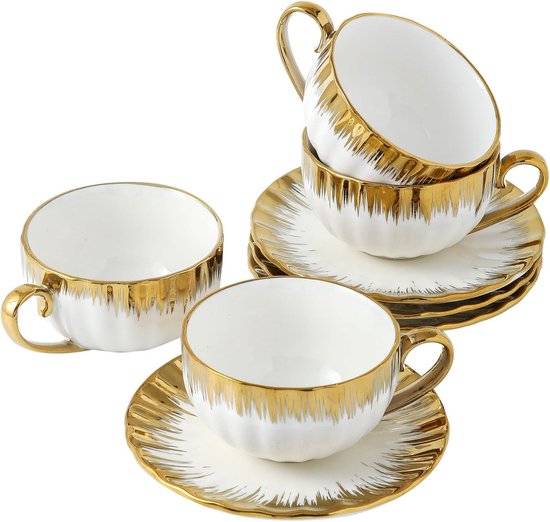 Porseleinen Cappuccino Kop en Schotel Set - 4 Stuks met Gouden Rand ...