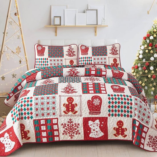 Couvre-lit de Noël double face 220 x 240 cm - Patchwork rouge à flocons ...