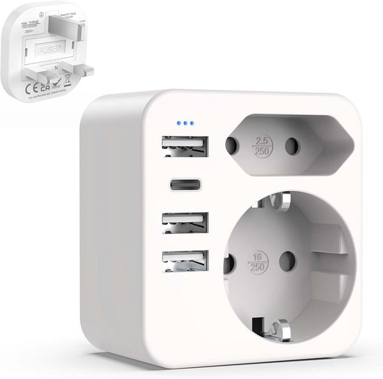 6-in-1 Engelse Stopcontact Adapter met 3 USB en 1 USB-C - Geschikt voor ...
