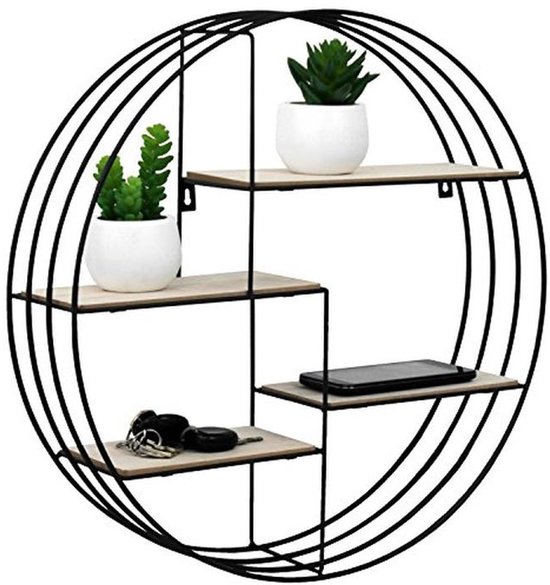 Rond Wandrek 45 cm - 4 Niveaus, Industrieel Design, Zwart/Naturel | bol