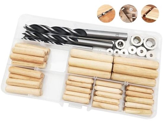 Set met houten pluggen en boren - 55 stuks, centreerpunten en ...
