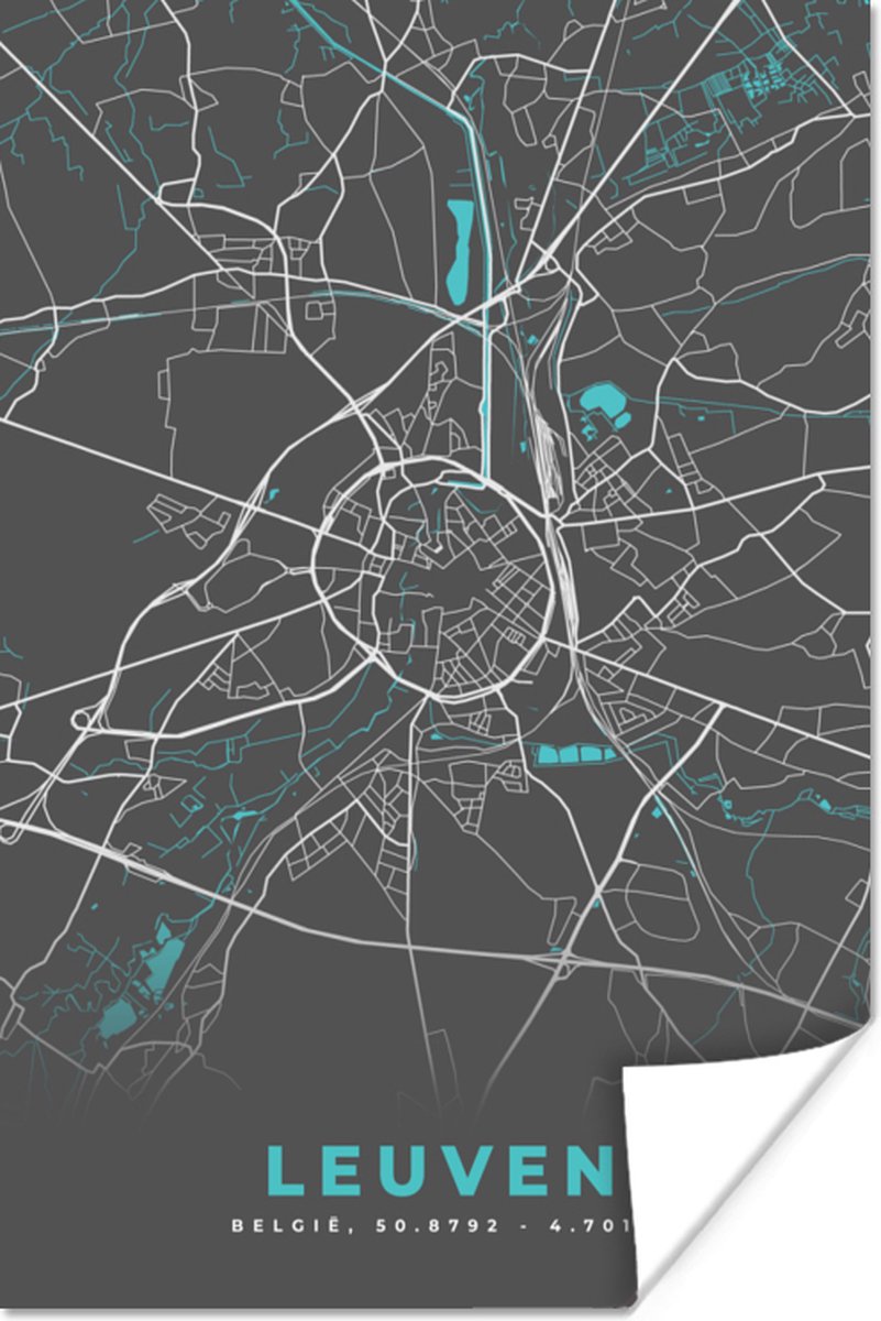 Poster Plattegrond – Leuven – Blauw – Stadskaart - Kaart - België ...