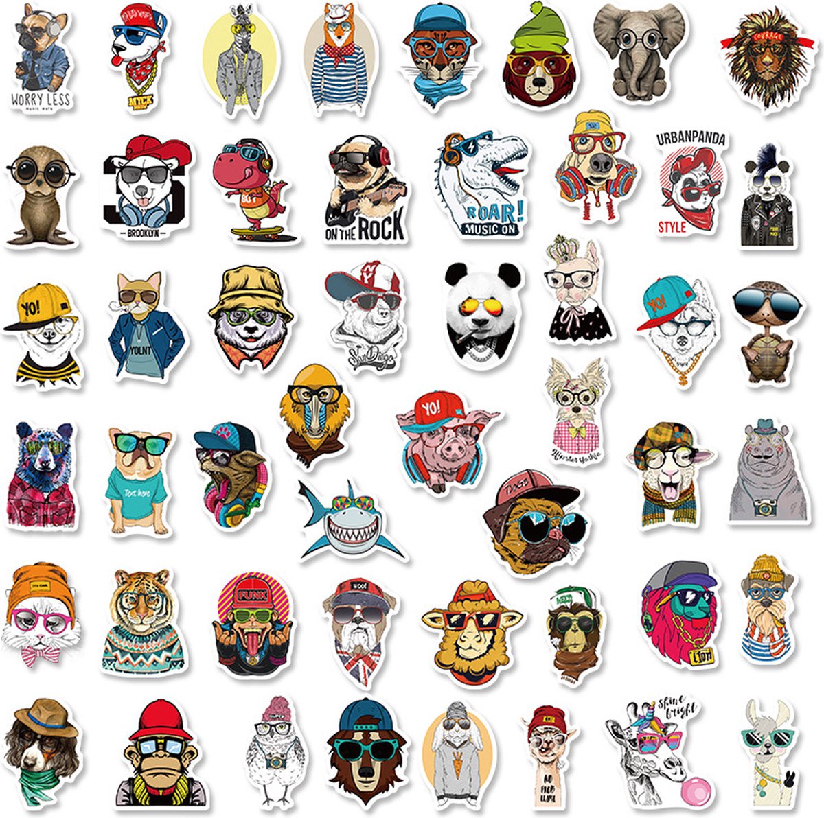 Coole Dieren Stickers | 50 stickers | Grappig, Zonnebril, tijger, hond ...