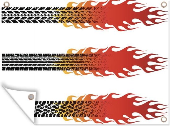 Muurdecoratie buiten brandende bandensporen na de start van een ...