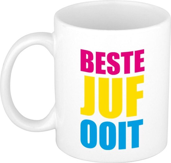 Beste juf ooit cadeau koffiemok / theebeker met roze/gele/blauwe blokletters 300 ml -... | bol.com