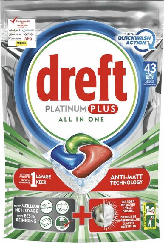 Dreft Vaatwastabletten Platinum Plus Cool blue - 43 Wasbeurten | bol