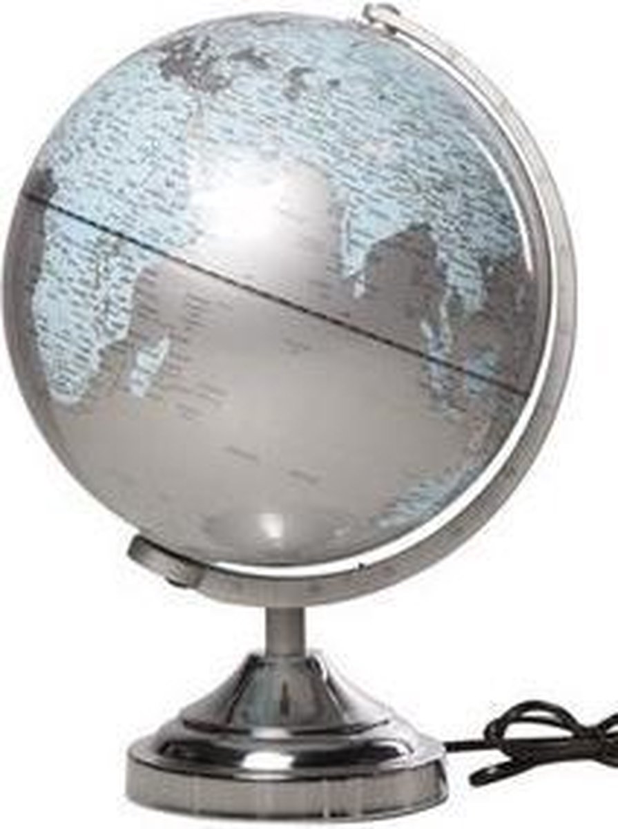 Decoratie wereldbol/globe zilver met verlichting op metalen voet ...